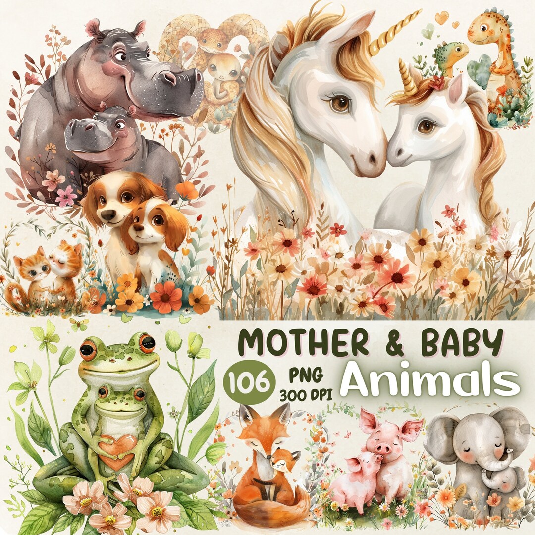 Watercolor Mama and Baby Animal Clipart, Baby Animals, Cute Animal PNG ...