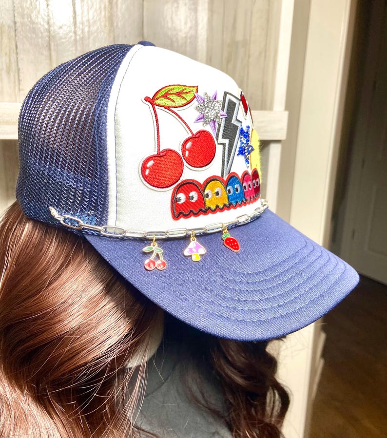 BLUE and WHITE Otto Trucker Hat Layered Pacman & Ghosts Retro Gaming ...