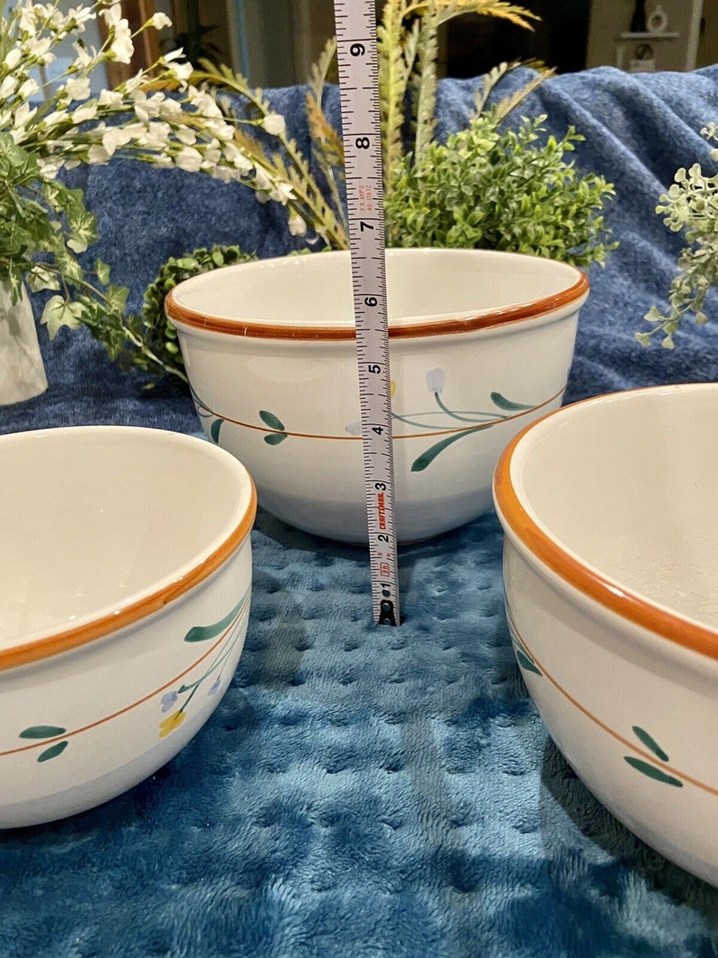 Set of 3 Ceramic Nesting / Mixing Bowls, Blue & White W/ Rust Color ...