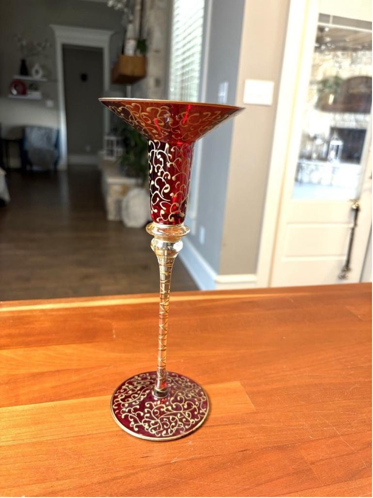 Tall Red and Clear Sun Catcher Candlestick Holder With Gold Rim and ...