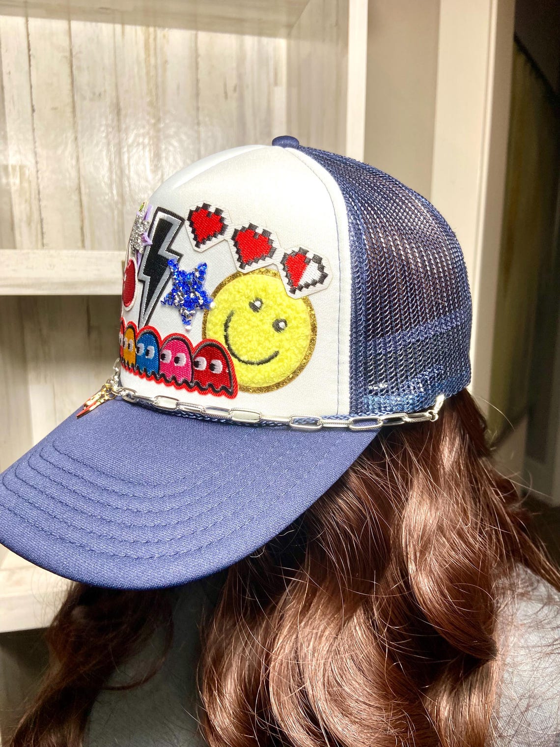 BLUE and WHITE Otto Trucker Hat Layered Pacman & Ghosts Retro Gaming ...