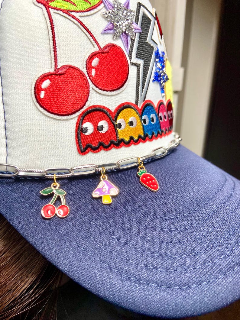 BLUE and WHITE Otto Trucker Hat Layered Pacman & Ghosts Retro Gaming ...