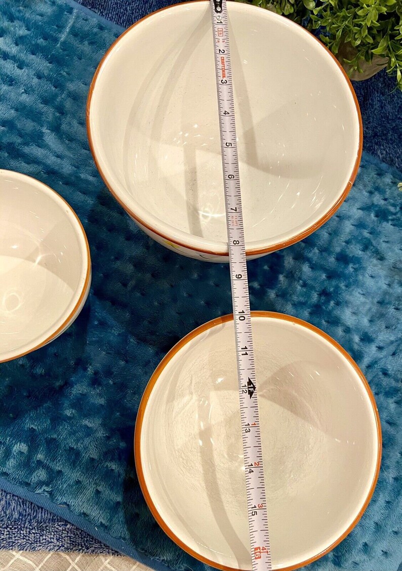 Set of 3 Ceramic Nesting / Mixing Bowls, Blue & White W/ Rust Color ...