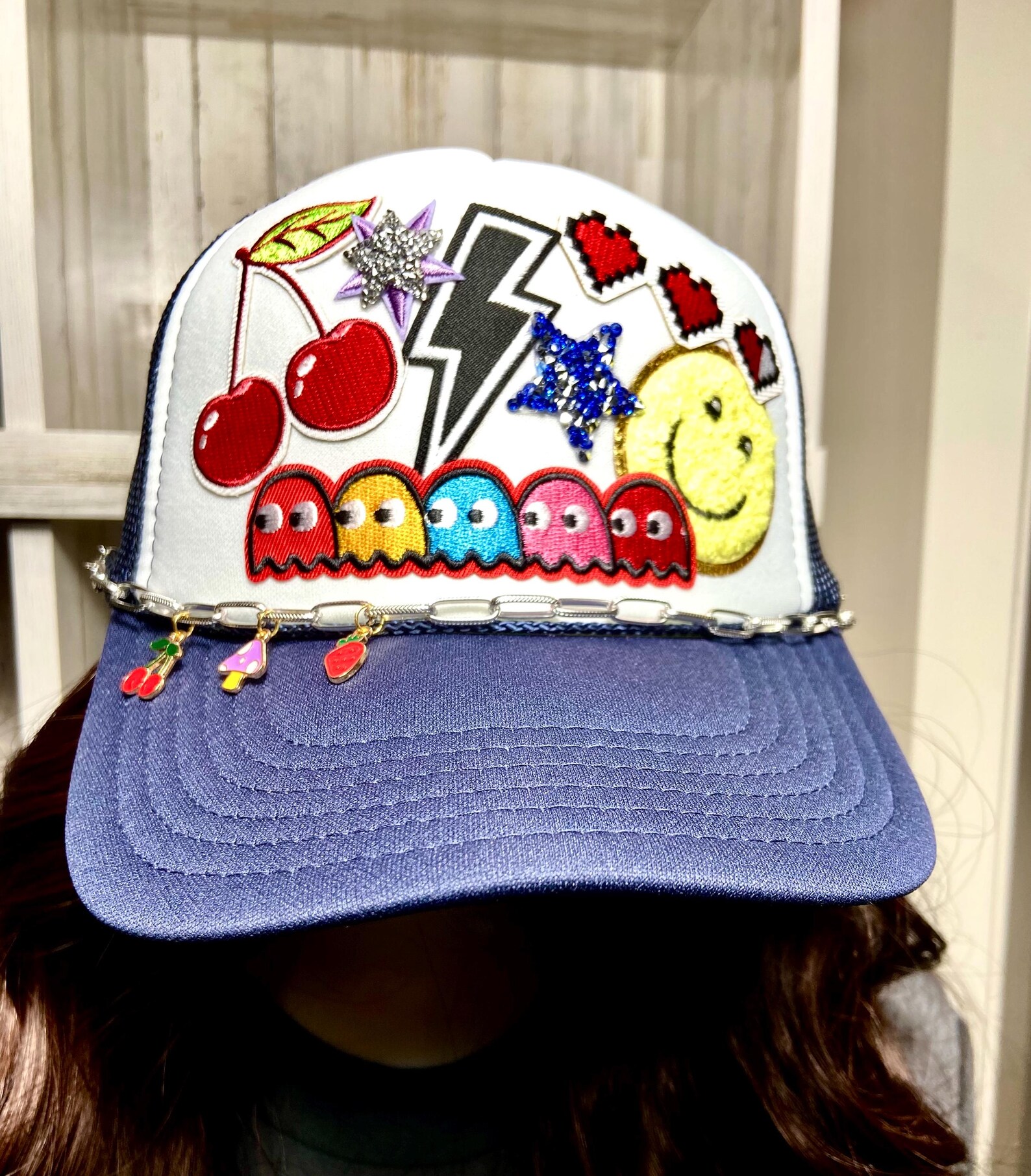 BLUE and WHITE Otto Trucker Hat Layered Pacman & Ghosts Retro Gaming ...