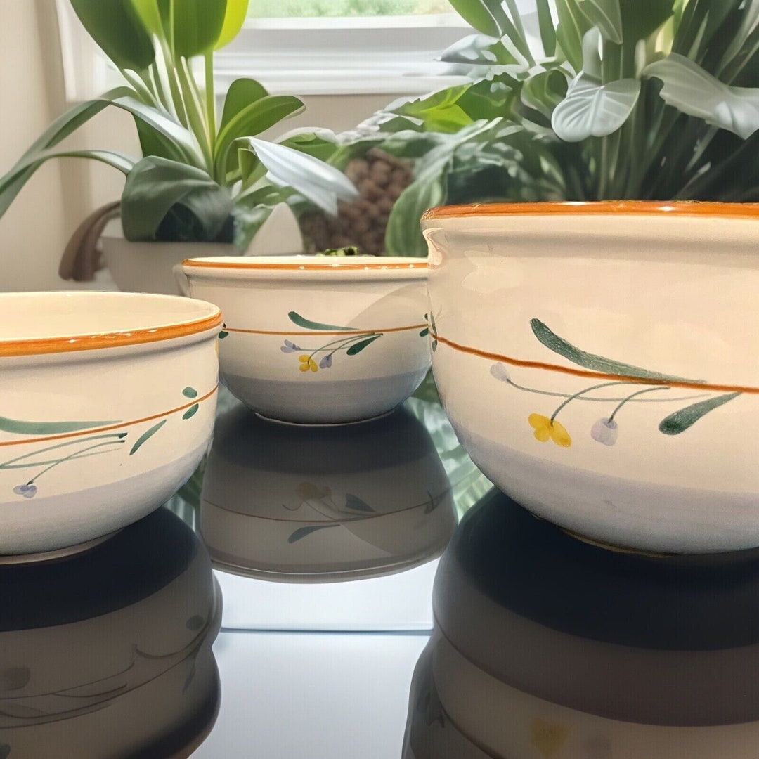 Set of 3 Ceramic Nesting / Mixing Bowls, Blue & White W/ Rust Color ...