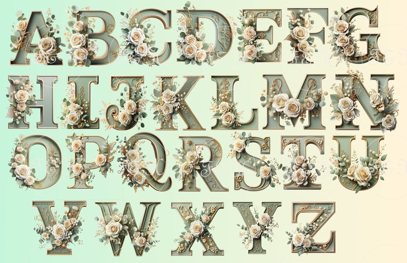 Sage Green, Cream Roses and Gold Alphabet Clip Art Wedding Alphabet ...