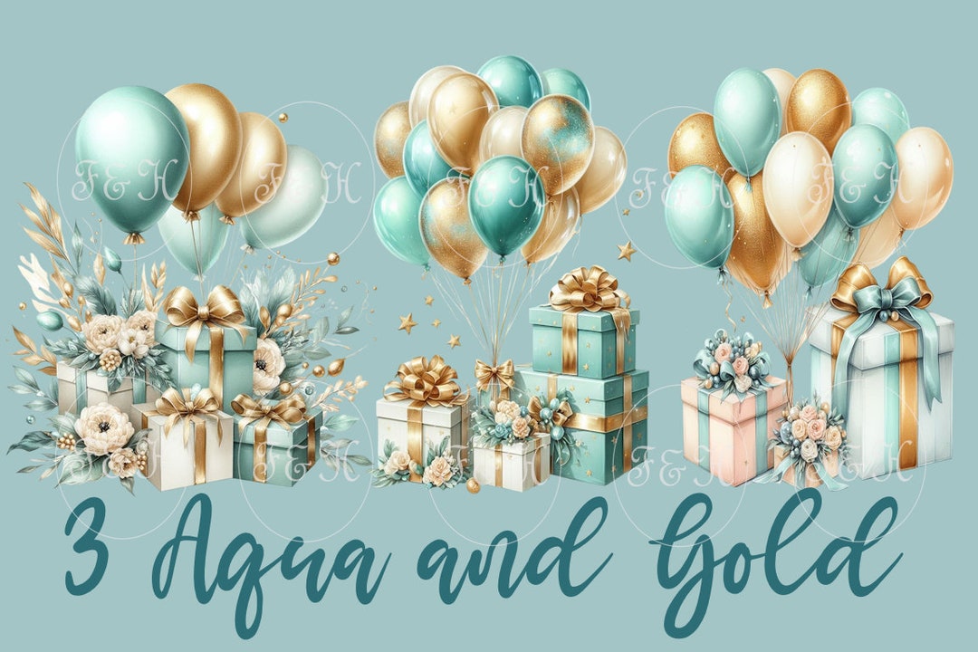 8 Aqua and Gold Balloon Arch, Balloon Bunch and Presents Png Files ...
