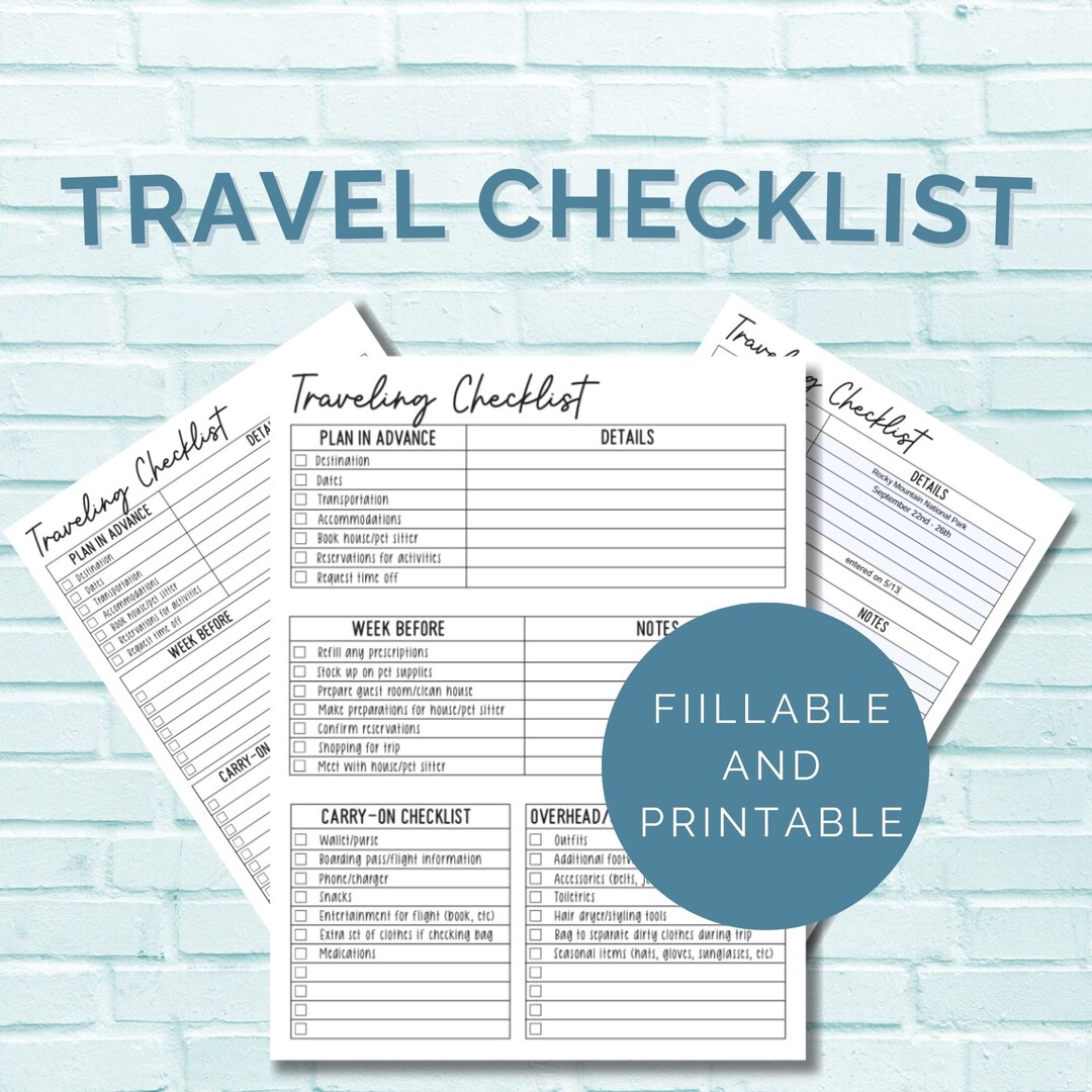 Travel Checklist Printable and Fillable PDF, Traveling Checklist ...