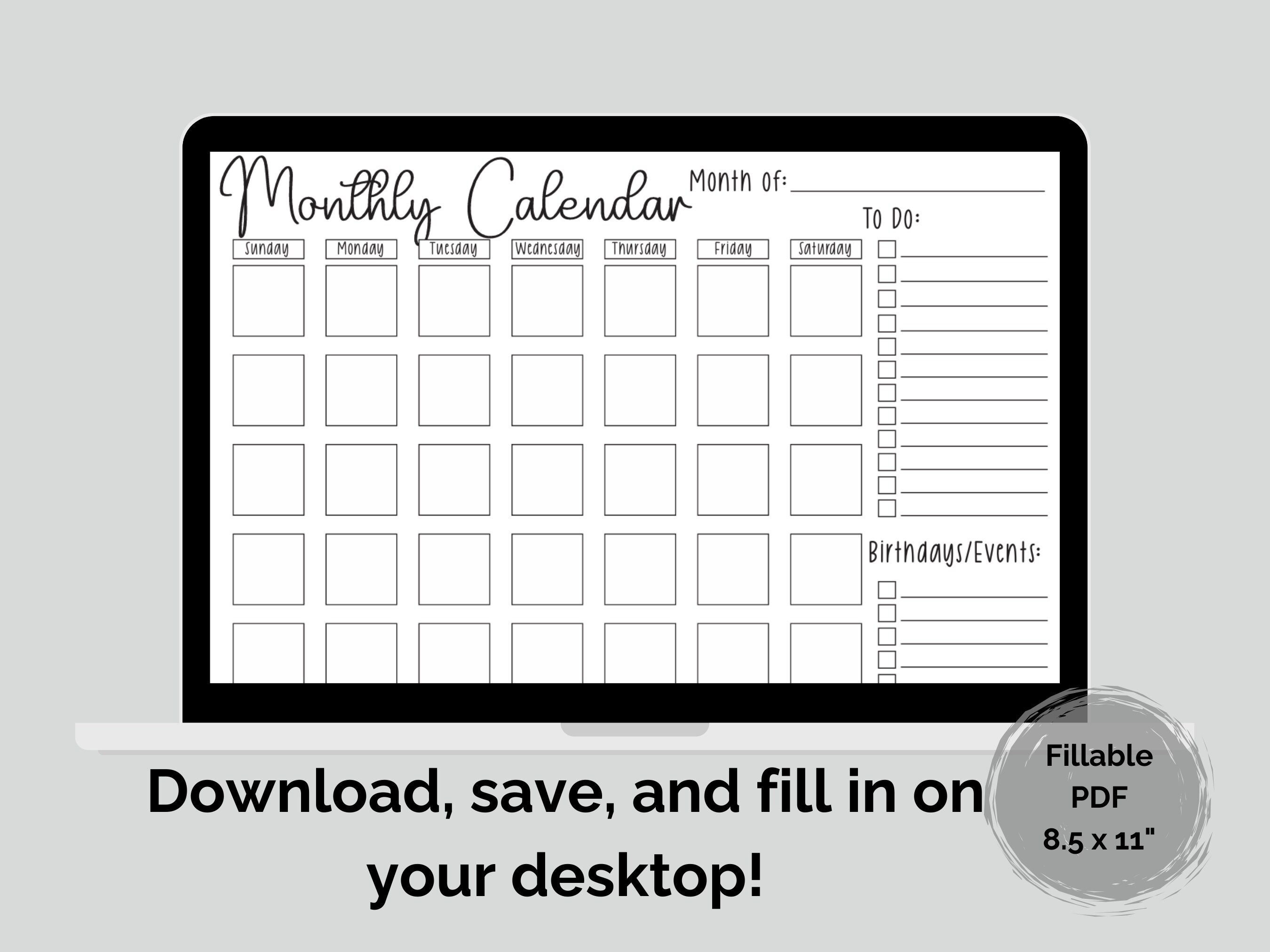 Calendar Printable and Fillable PDF, Daily Planner Printable, Weekly ...