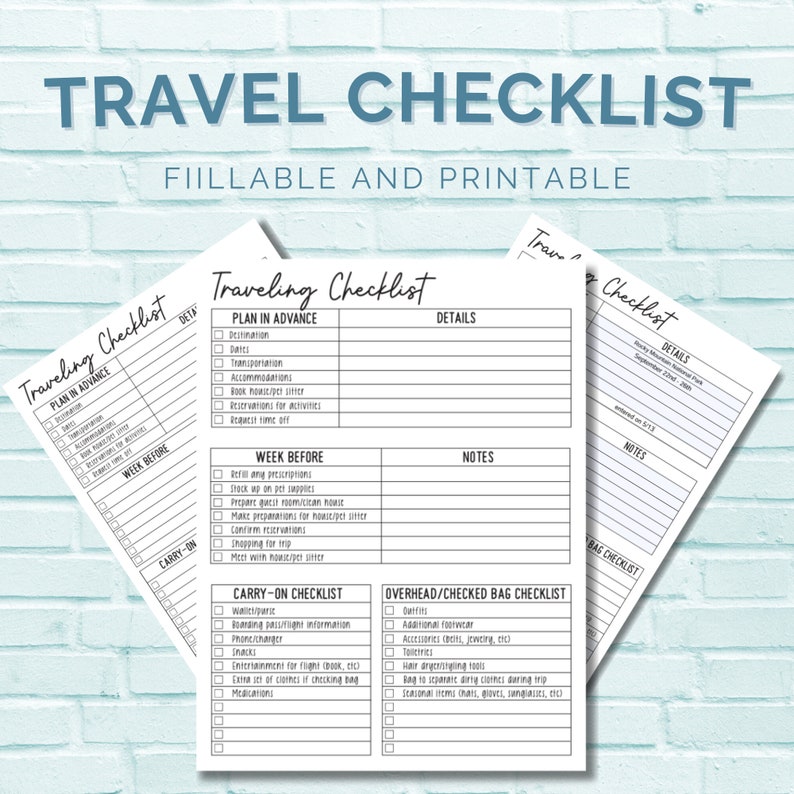 Travel Checklist Printable and Fillable PDF, Traveling Checklist ...