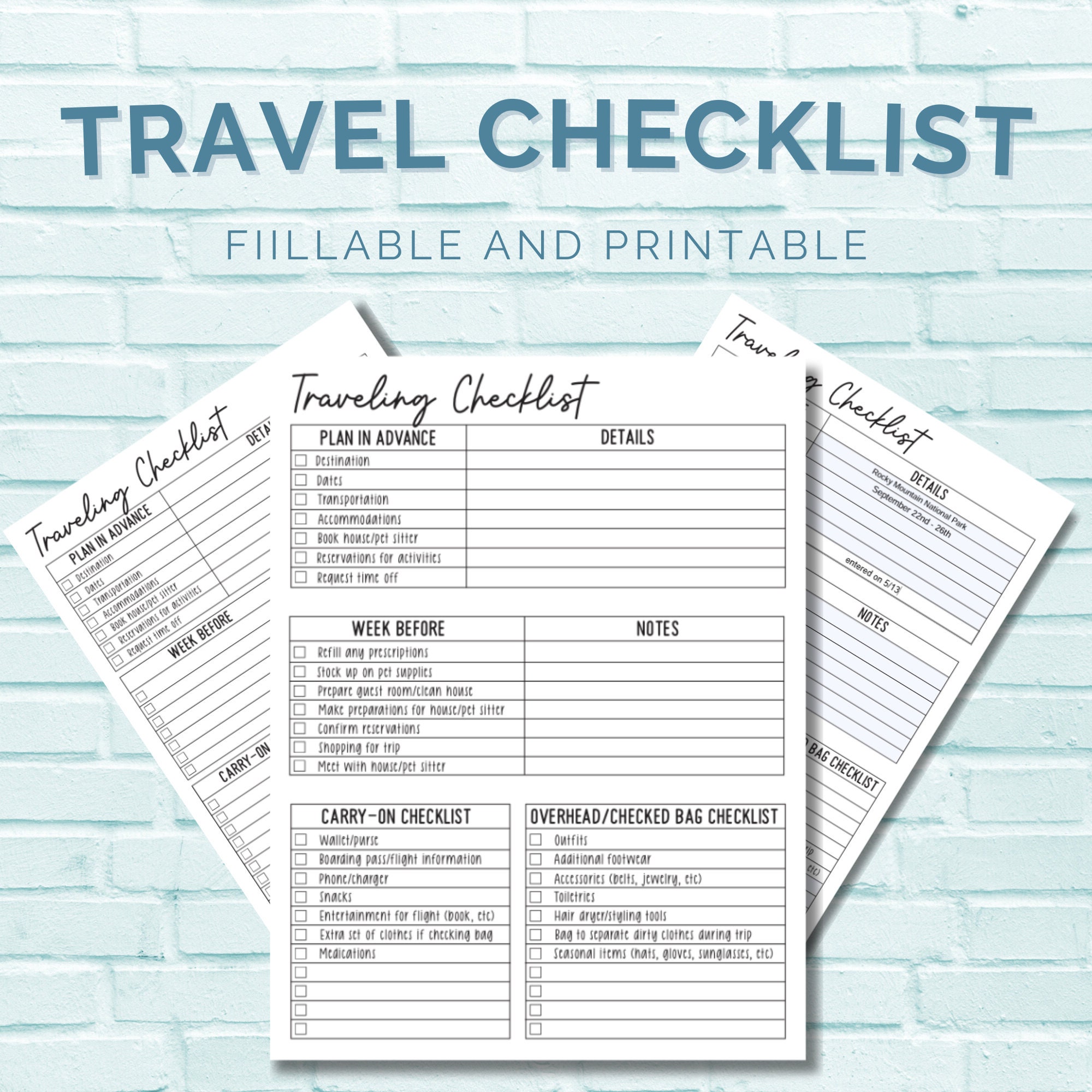 Travel Checklist Printable and Fillable PDF, Traveling Checklist ...
