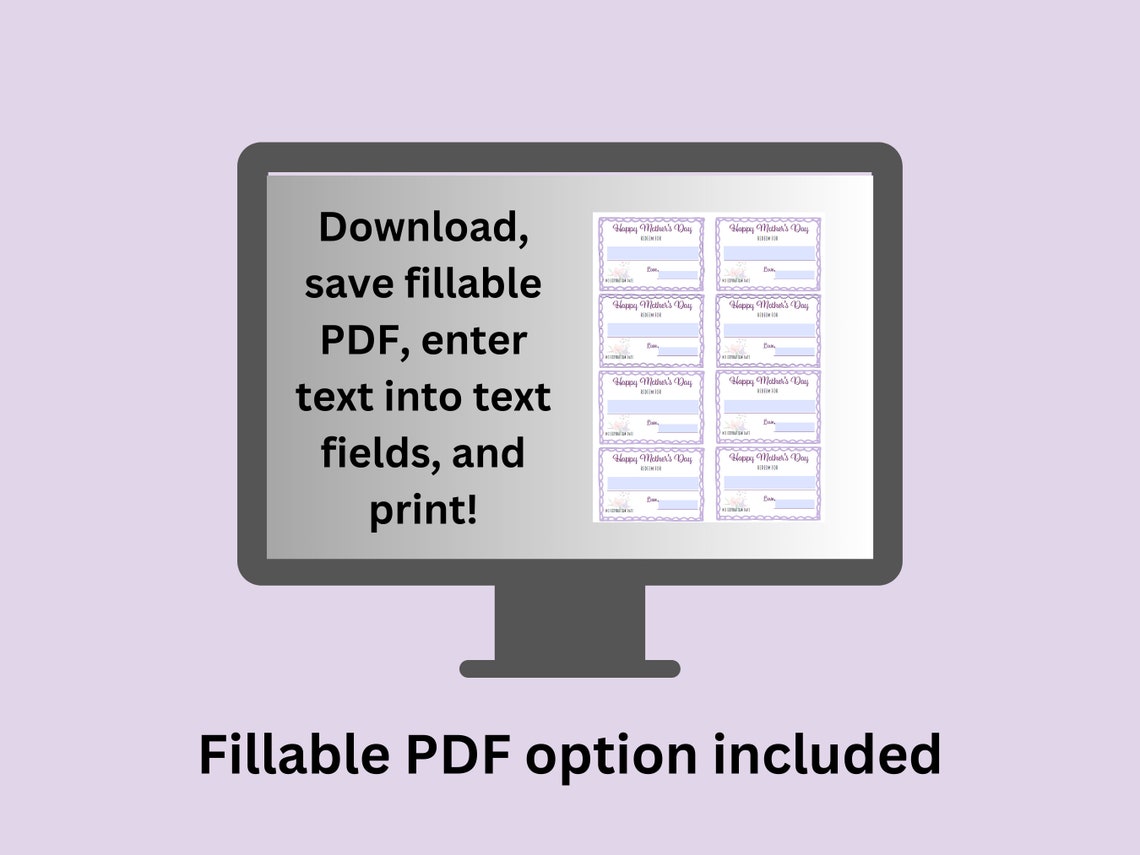 Mother's Day Coupons Printable and Fillable PDF; Mother's Day Vouchers ...