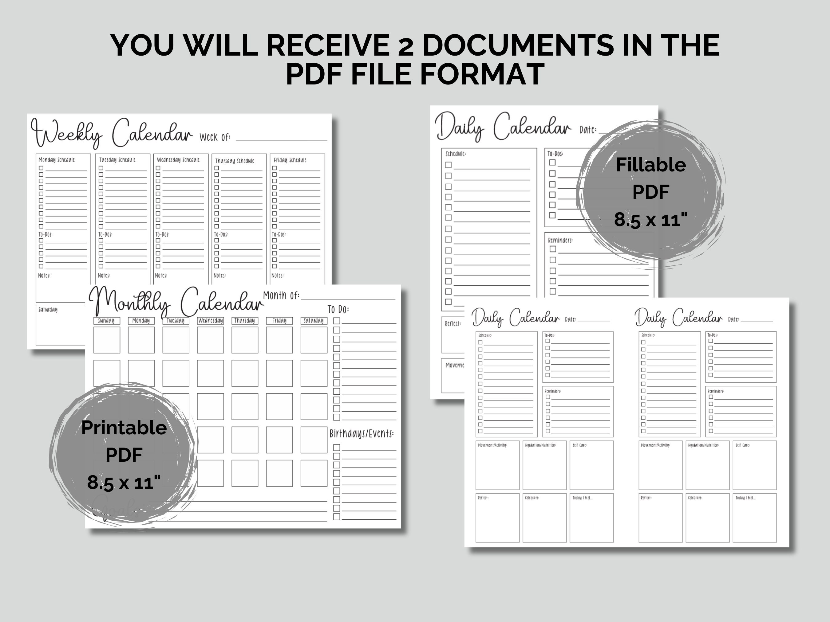 Calendar Printable and Fillable PDF, Daily Planner Printable, Weekly ...