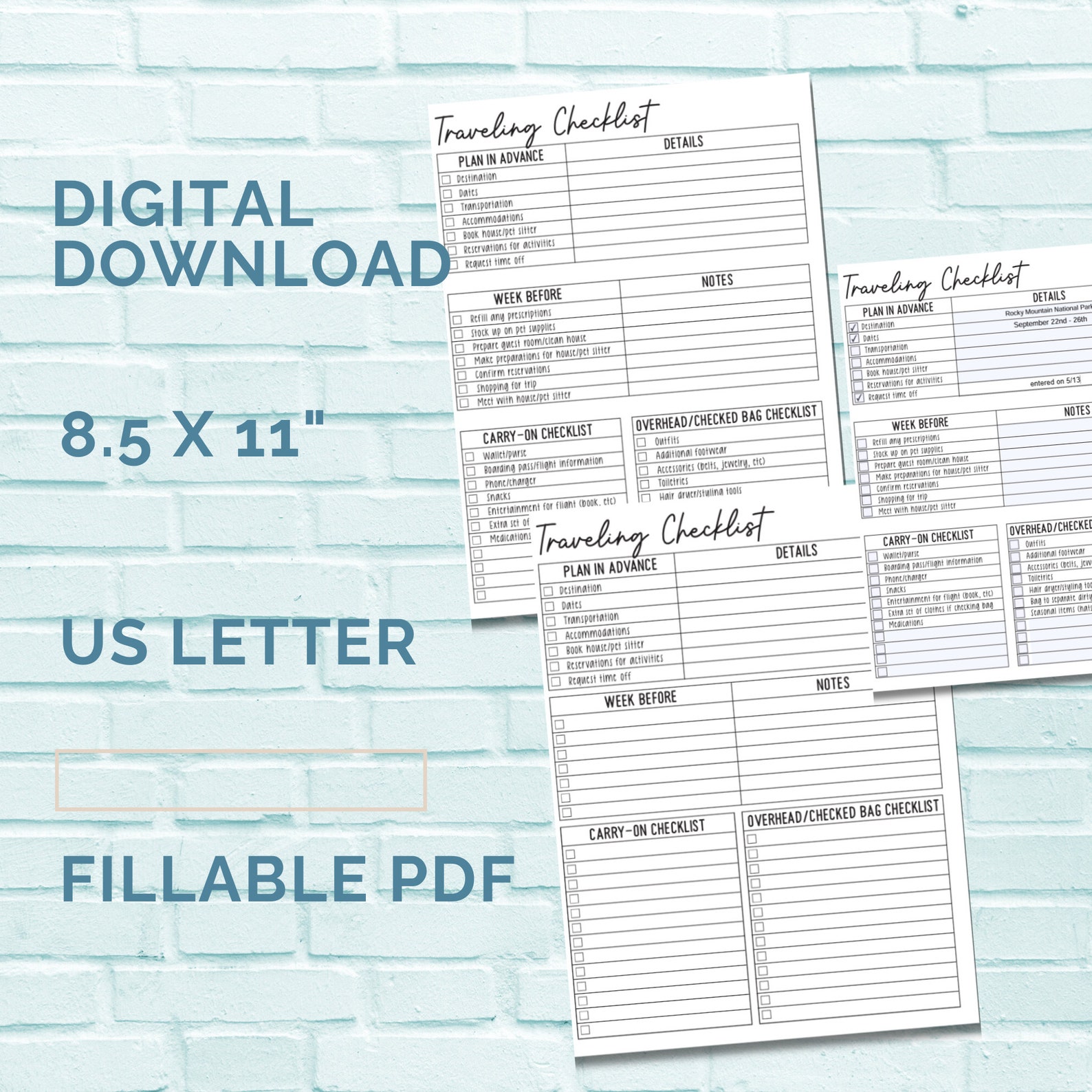 Travel Checklist Printable and Fillable PDF, Traveling Checklist ...