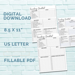Travel Checklist Printable and Fillable PDF, Traveling Checklist ...
