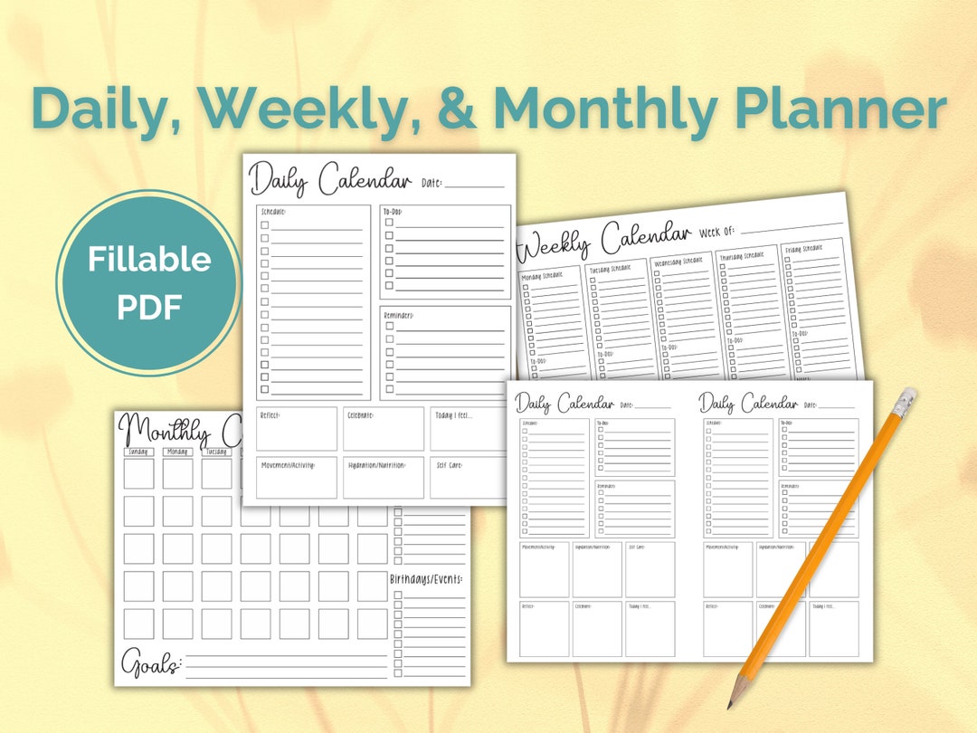 Calendar Printable and Fillable PDF, Daily Planner Printable, Weekly ...