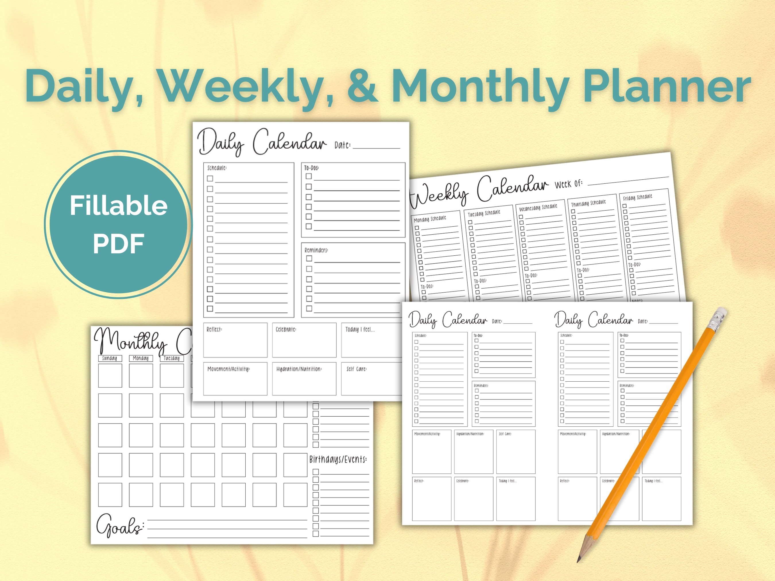 Calendar Printable and Fillable PDF, Daily Planner Printable, Weekly ...