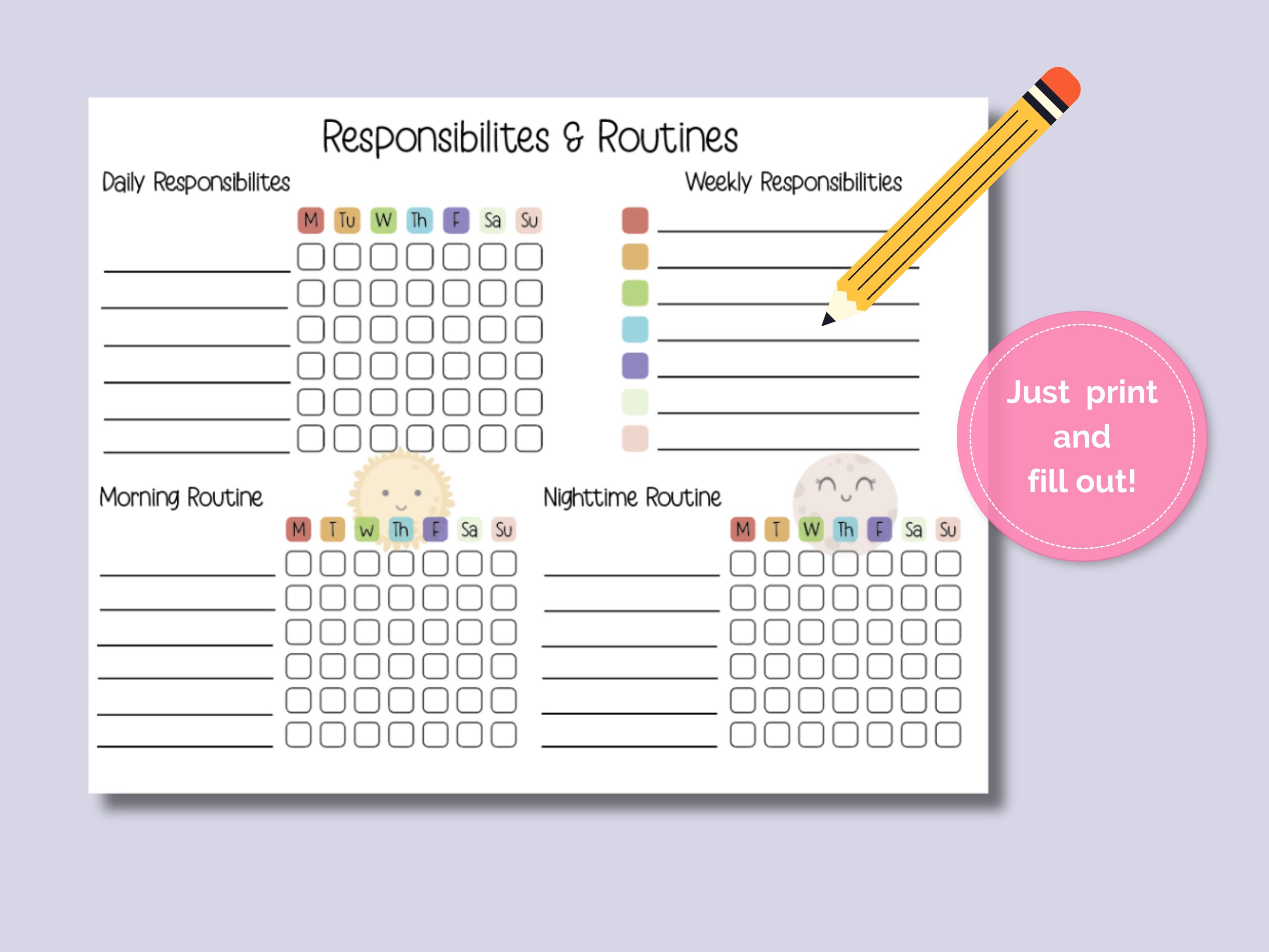 Responsibilities and Routines Chart, Printable Chore Chart, Fillable ...