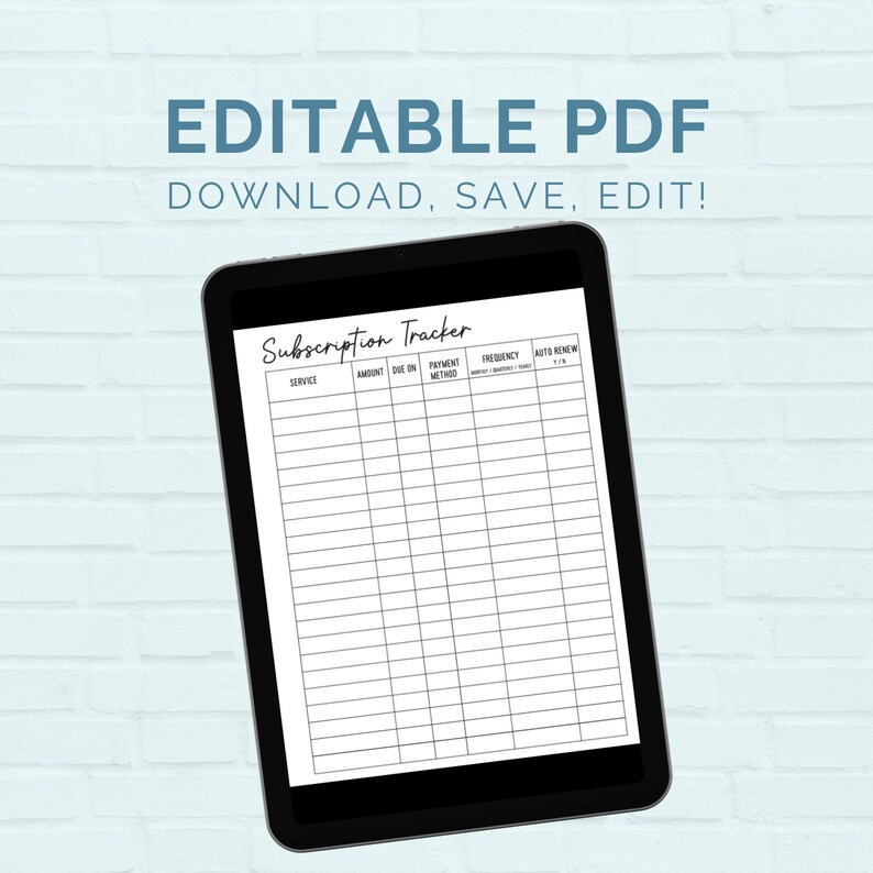 Subscription Tracker Printable and Fillable PDF, Subscription Tracker ...