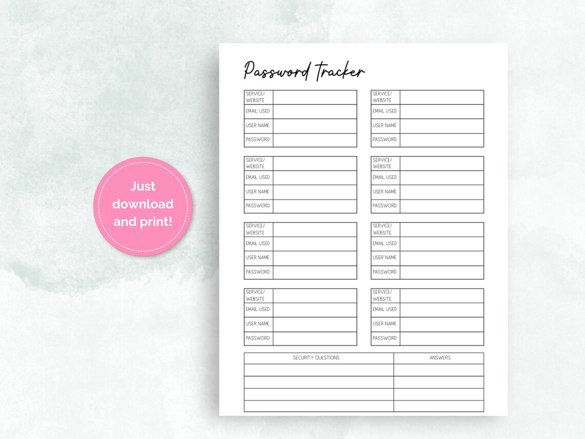 Password Tracker Printable and Fillable PDF, Fillable and Printable ...
