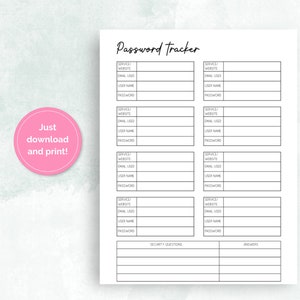 Password Tracker Printable and Fillable PDF, Fillable and Printable ...