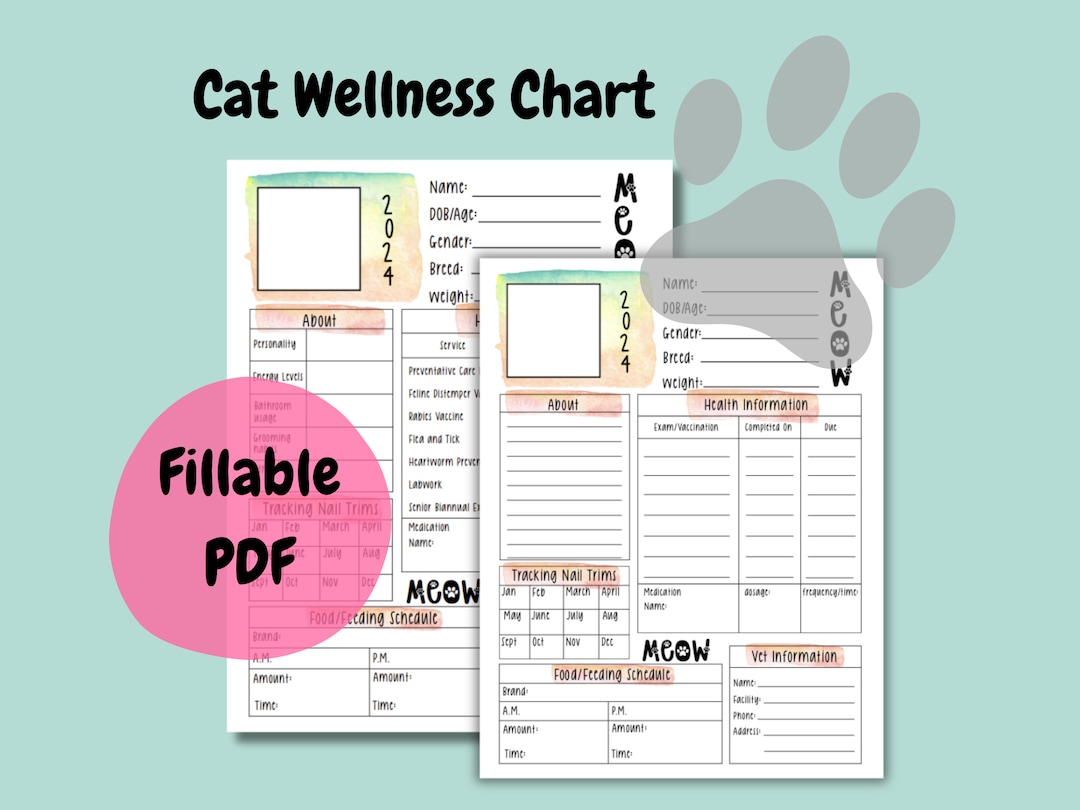 Cat Wellness Chart, Pet Care Chart for Cats PDF, Fillable, Editable and ...