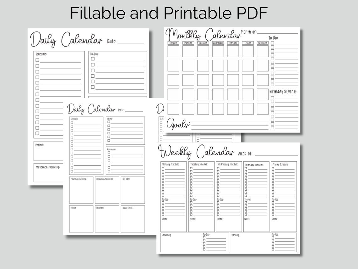 Calendar Printable and Fillable PDF, Daily Planner Printable, Weekly ...