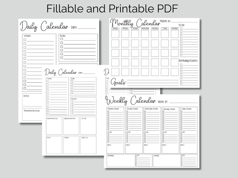 Calendar Printable and Fillable PDF, Daily Planner Printable, Weekly ...