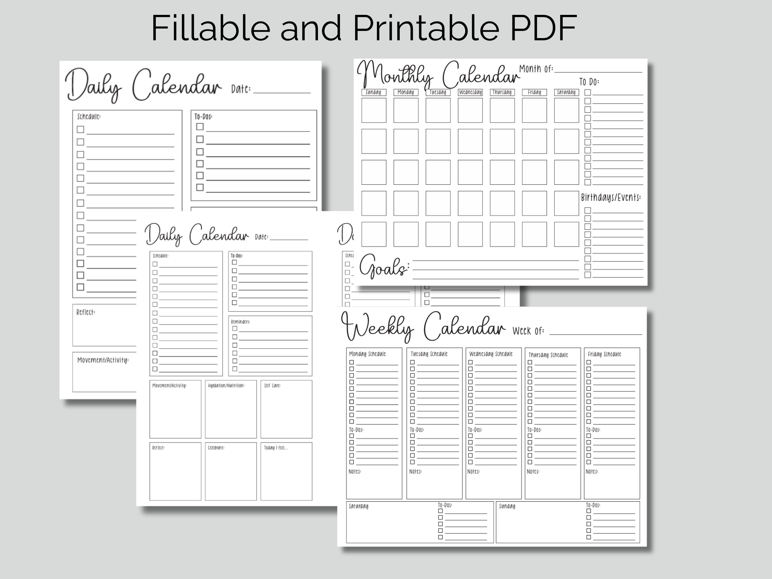 Calendar Printable and Fillable PDF, Daily Planner Printable, Weekly ...