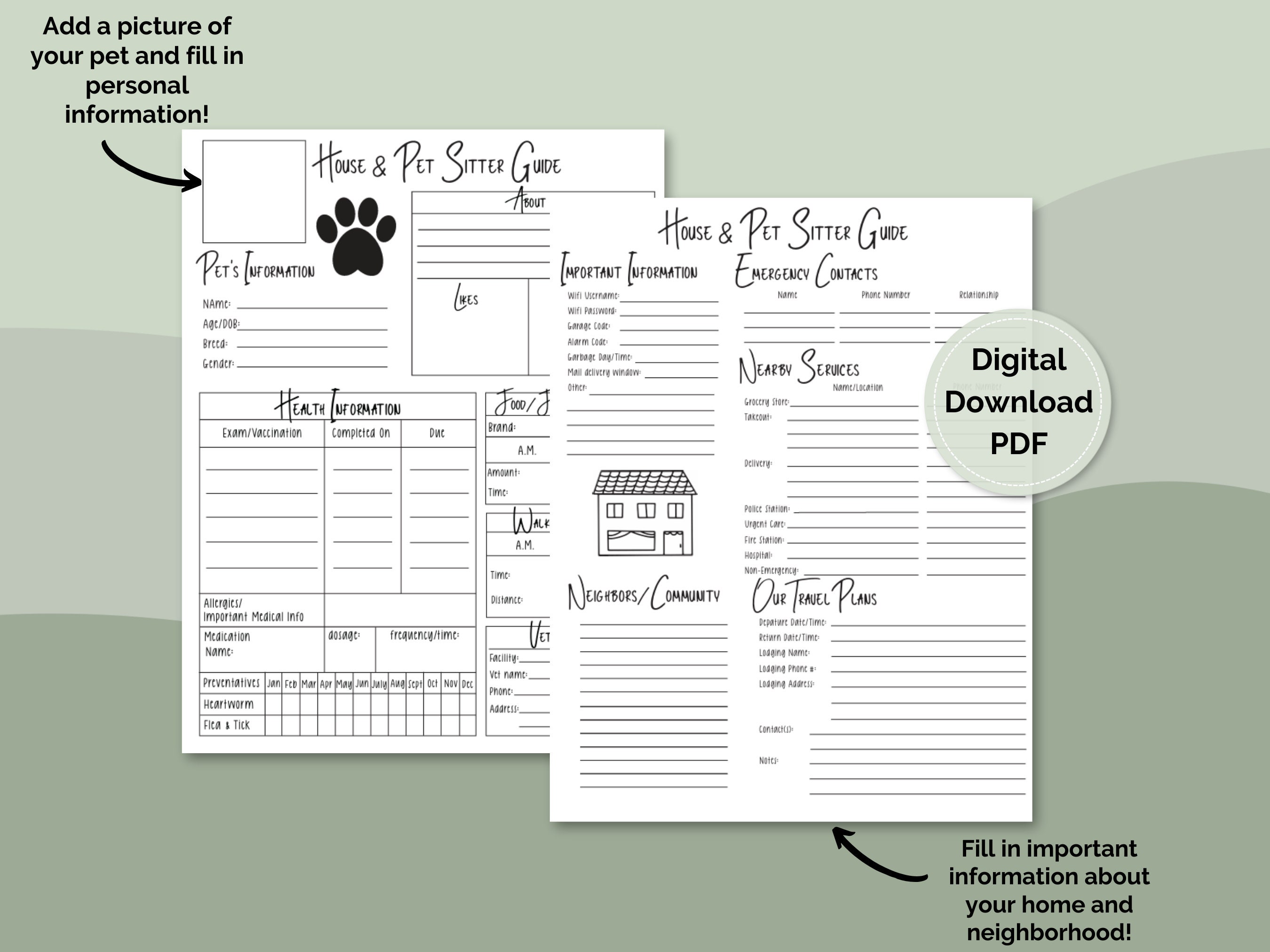 House and Pet Sitter Guide Printable and Fillable PDF - Etsy