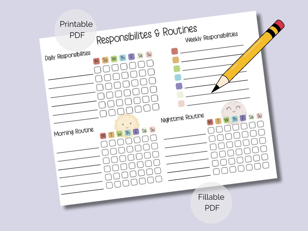 Responsibilities and Routines Chart, Printable Chore Chart, Fillable ...