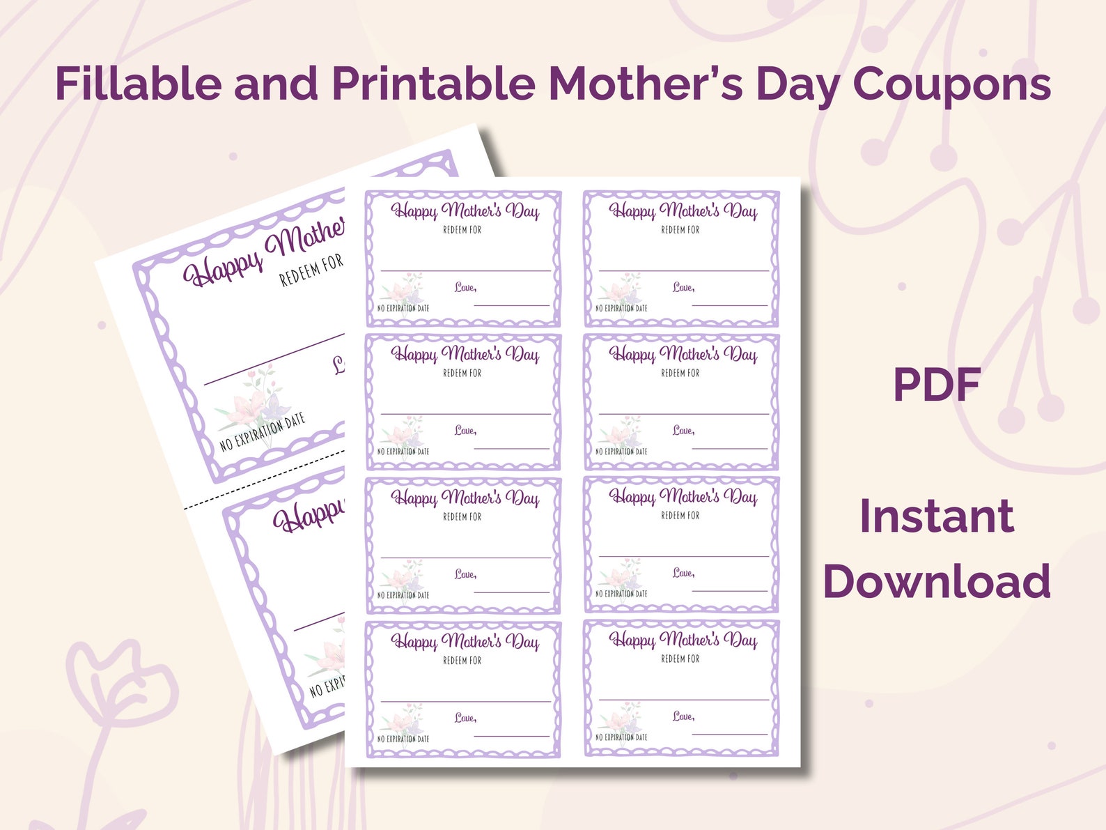 Mother's Day Coupons Printable and Fillable PDF; Mother's Day Vouchers ...