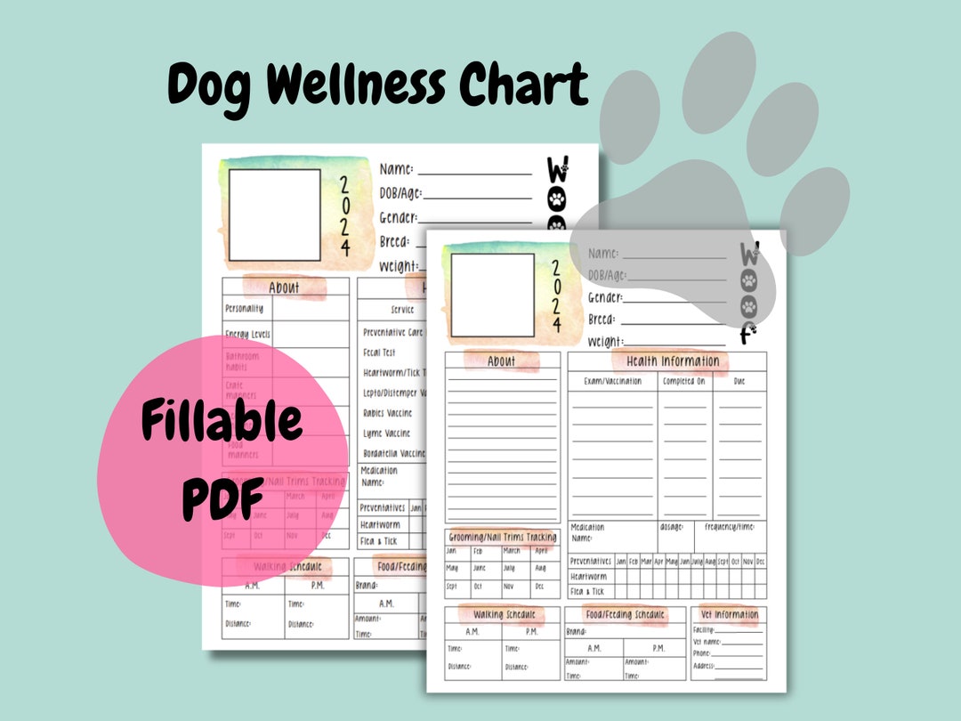 Dog Wellness Chart, Pet Care Chart for Dogs PDF, Editable, Fillable and ...
