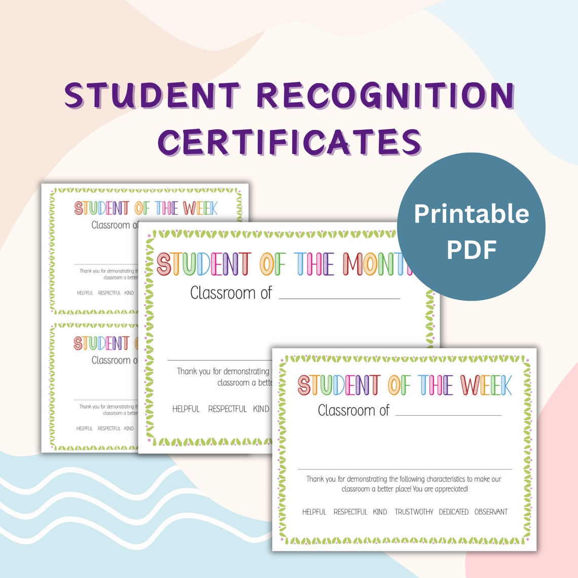 Student Recognition Certificate Printable PDF - Etsy