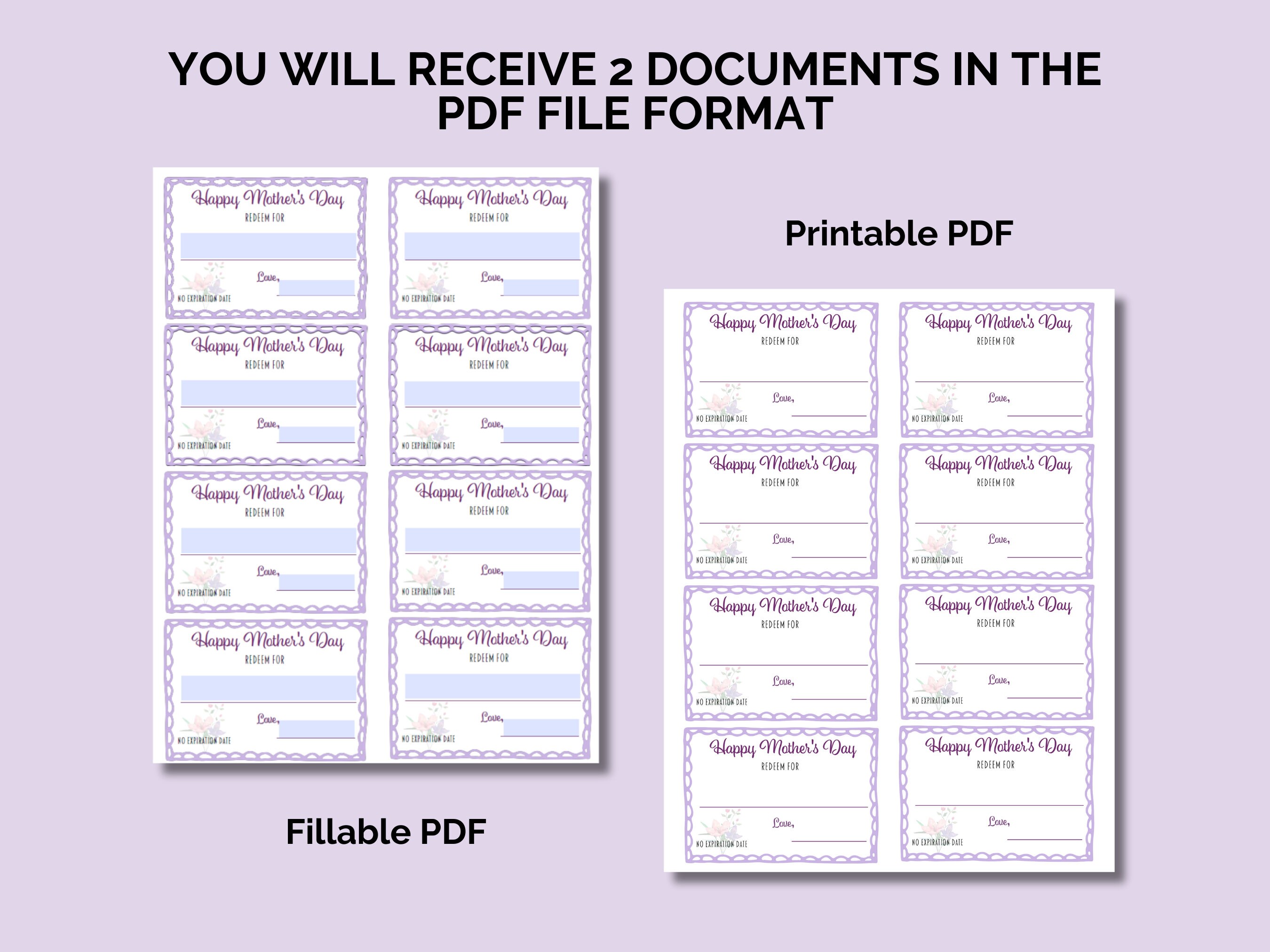 Mother's Day Coupons Printable and Fillable PDF; Mother's Day Vouchers ...