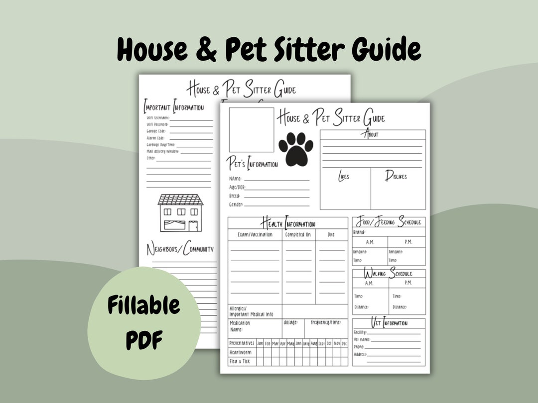 House and Pet Sitter Guide Printable and Fillable PDF - Etsy