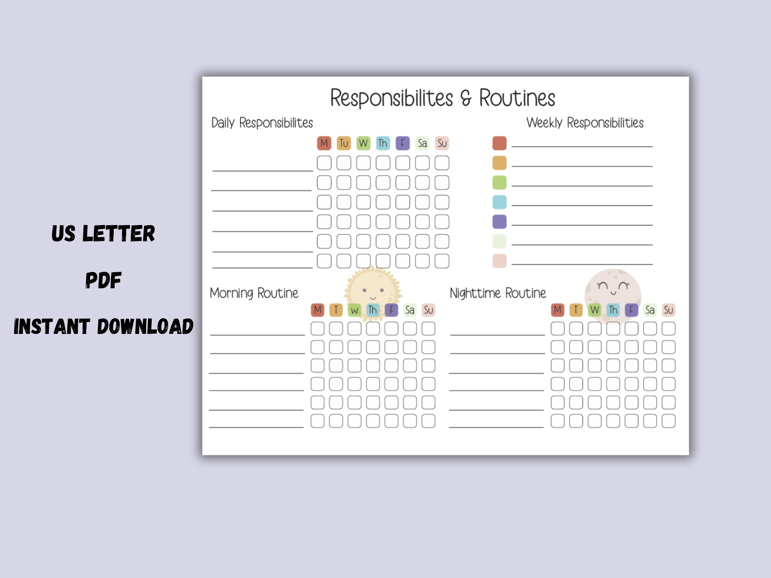 Responsibilities and Routines Chart, Printable Chore Chart, Fillable ...
