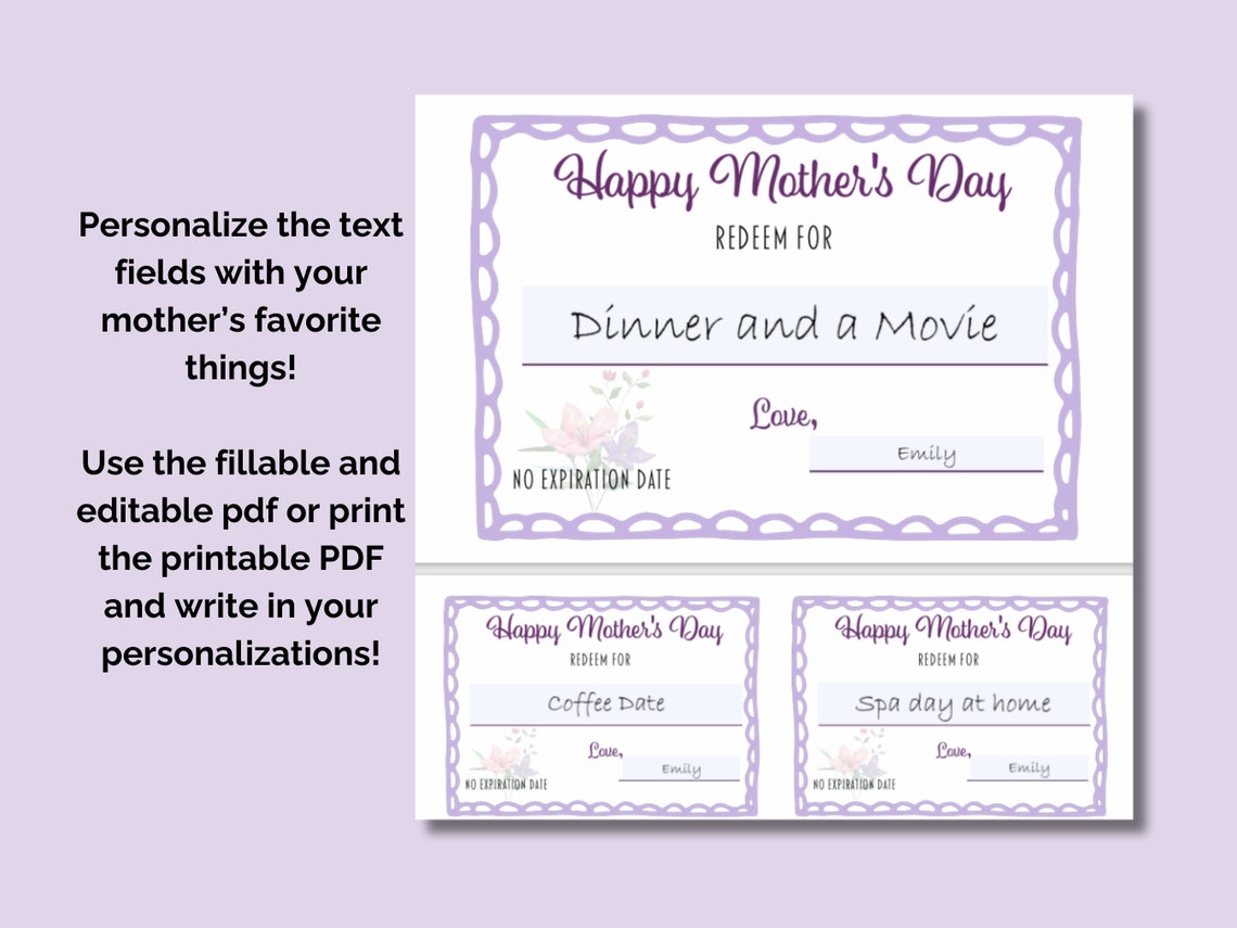 Mother's Day Coupons Printable and Fillable PDF; Mother's Day Vouchers ...