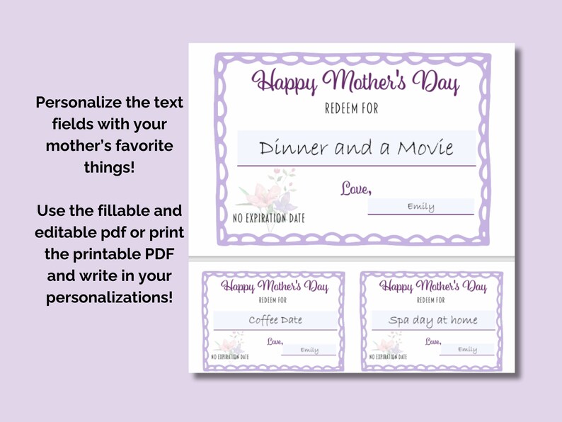 Mother's Day Coupons Printable and Fillable PDF; Mother's Day Vouchers ...