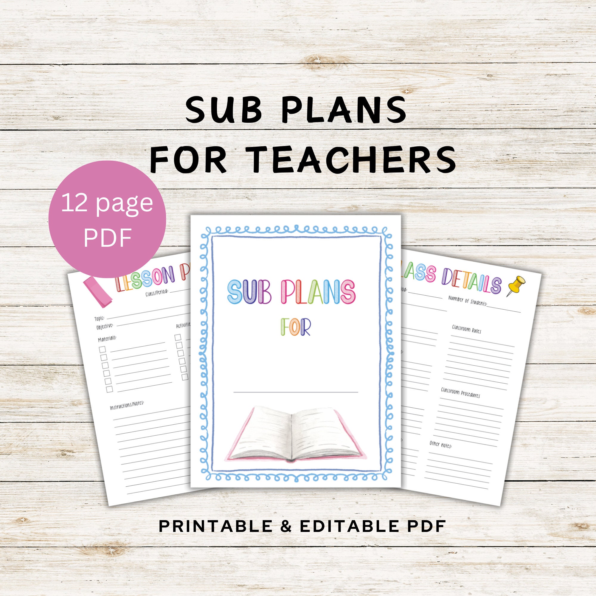 Sub Plans for Teachers Printable PDF; Sub Plans for Teachers Editable ...