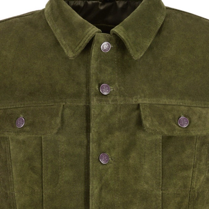 Mens Olive Green Suede Trucker Jacket - Handmade Sheepskin Leather ...
