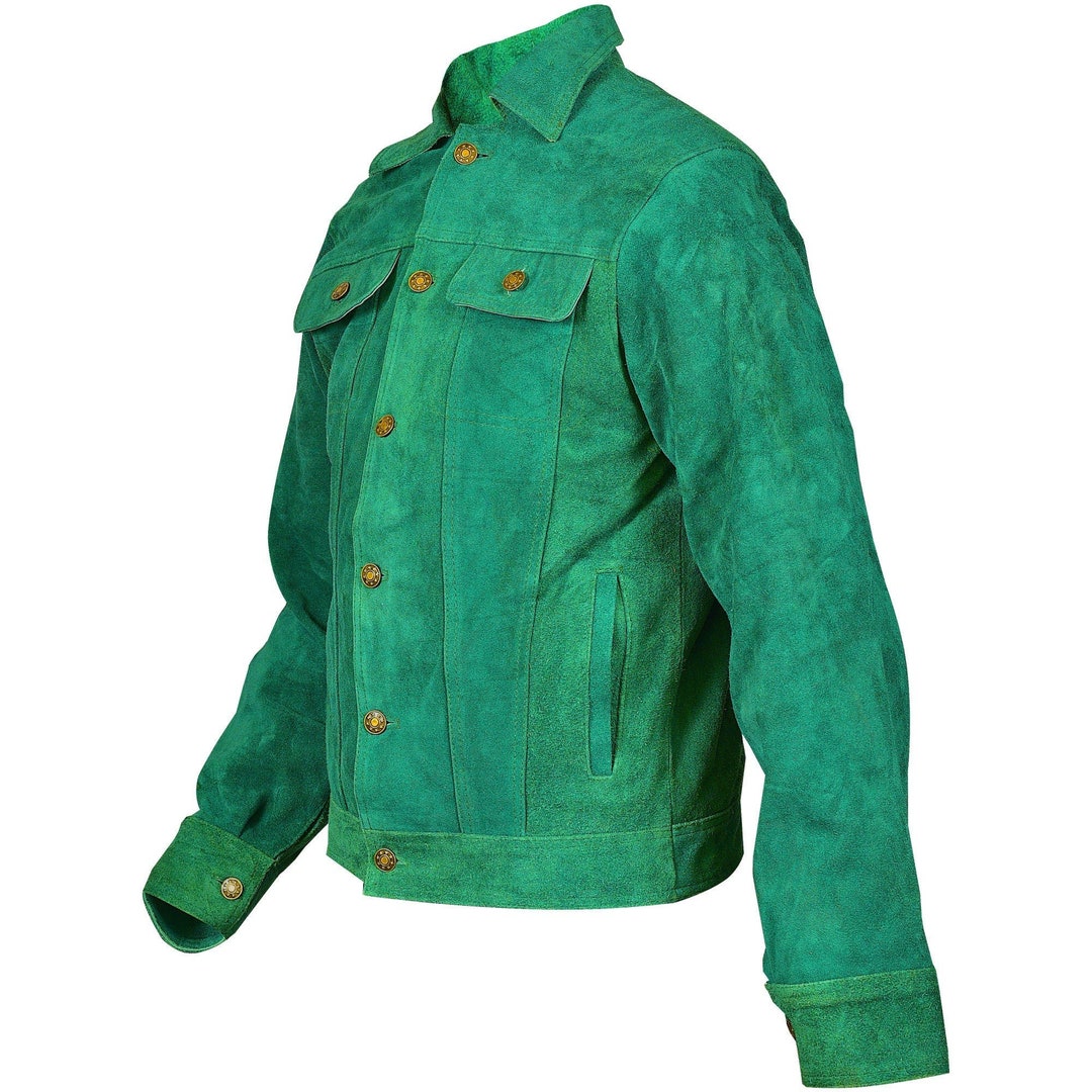 Men's Western Real Suede Leather Jacket, Classic Trucker Green Suede ...