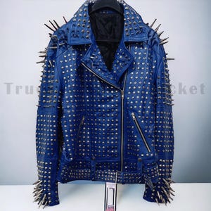 Men's Blue Spiked Studded Leather Biker Jacket: Handmade Punk Rock ...