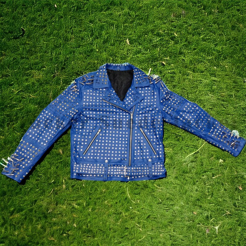 Men's Blue Spiked Studded Leather Biker Jacket: Handmade Punk Rock ...