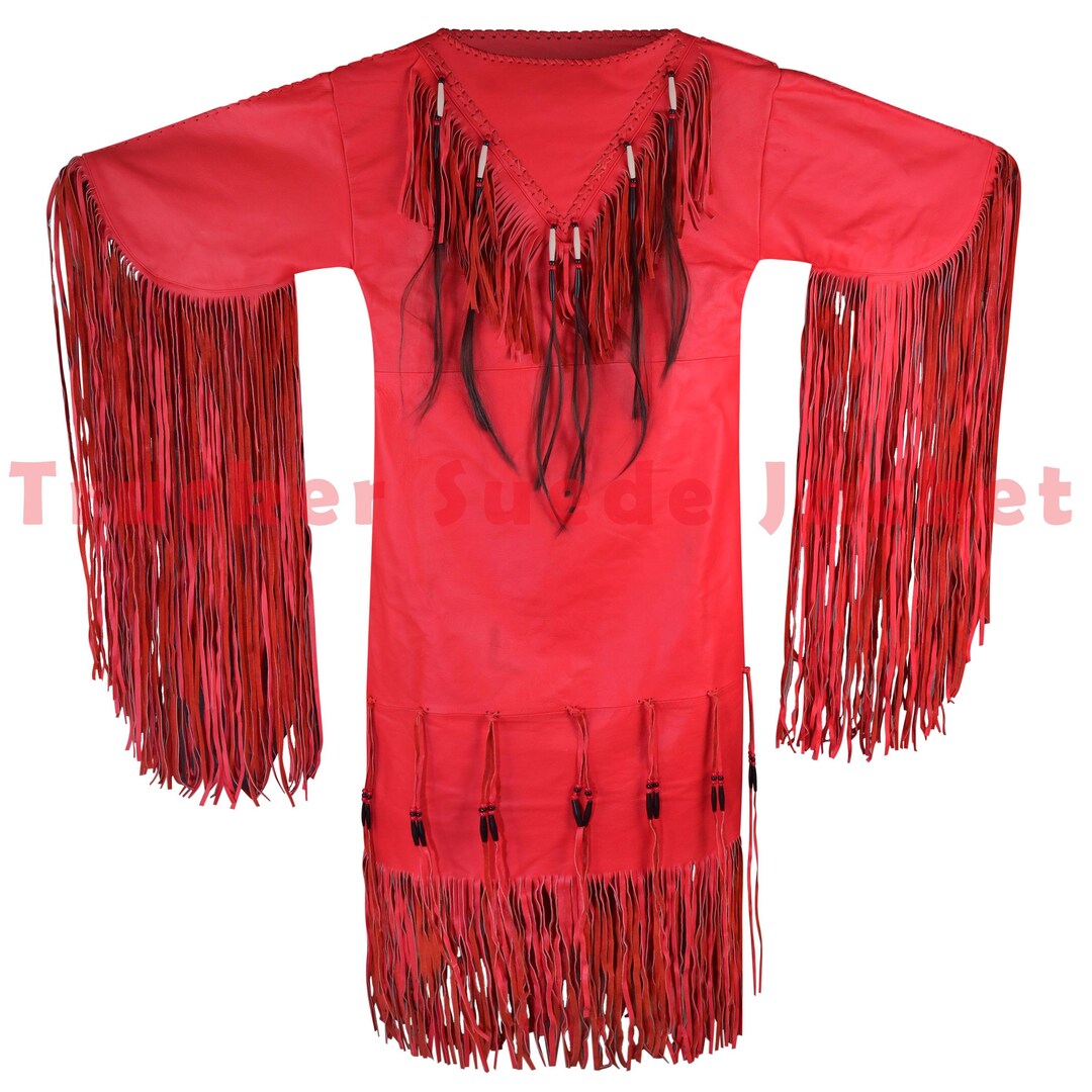 Red Leather Powwow Regalia Dress | Native American Fringe Dance Outfit ...
