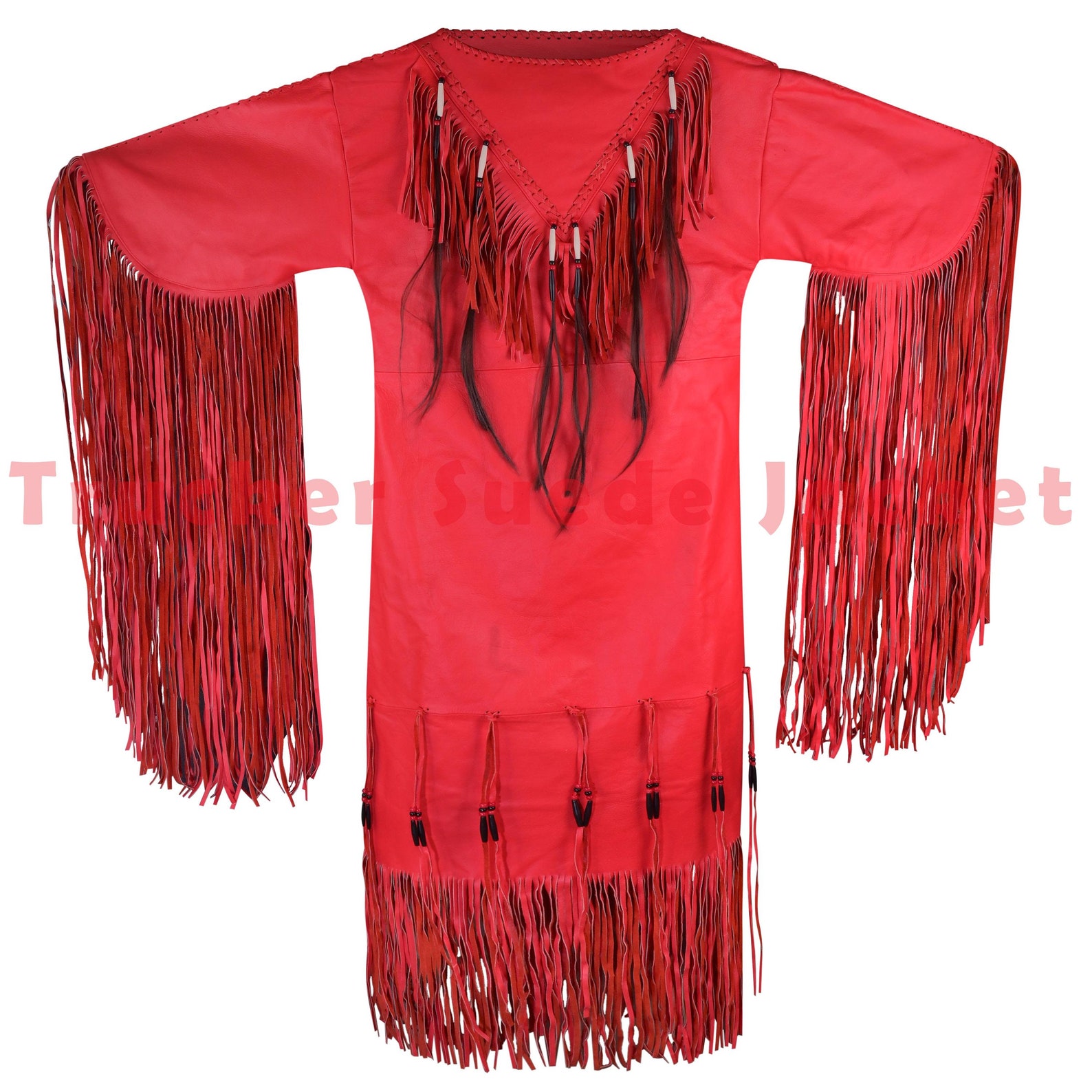 Red Leather Powwow Regalia Dress | Native American Fringe Dance Outfit ...