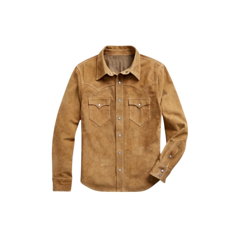 Men's Western Suede Shirt Jacket – Tan Leather Cowboy Shacket With Snap ...