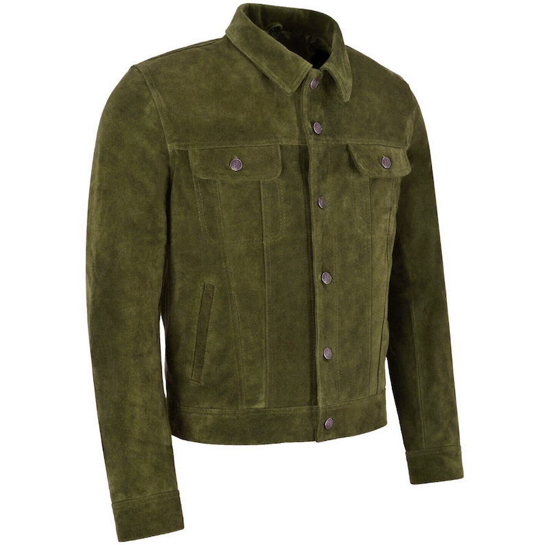 Mens Olive Green Suede Trucker Jacket - Handmade Sheepskin Leather ...