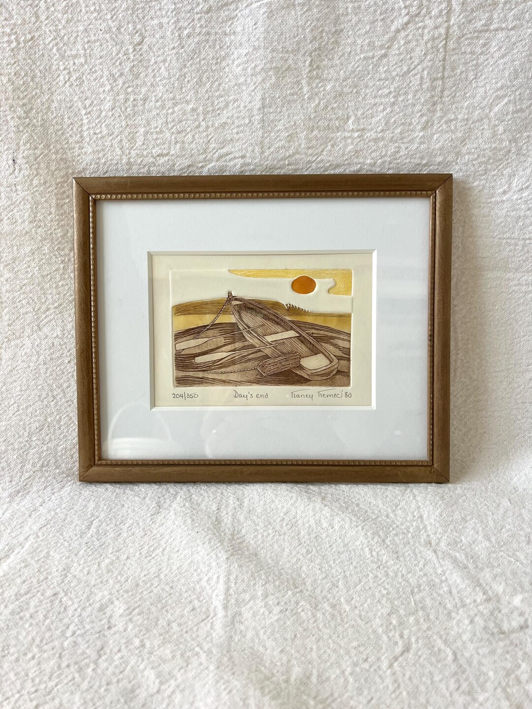 Vintage Nancy Nemec Coastal Intaglio & Relief Print Titled "day's End ...