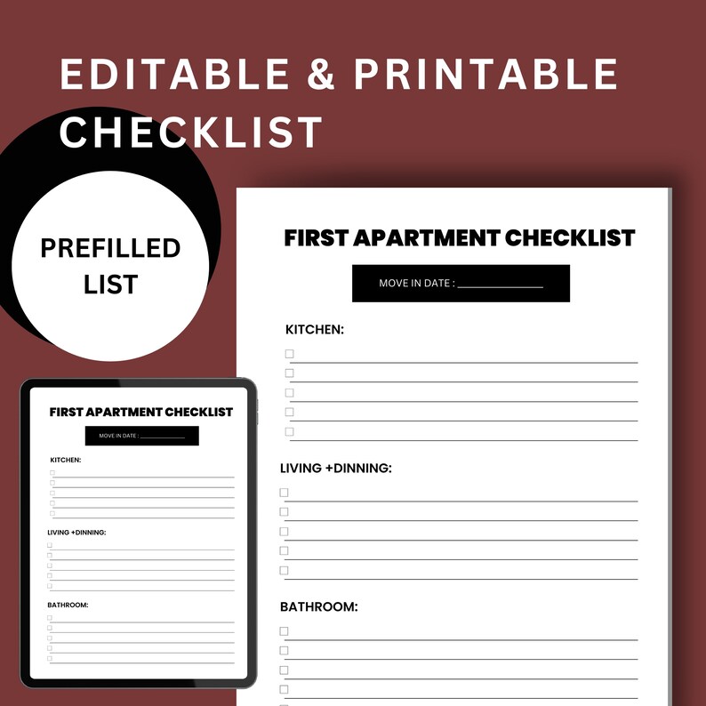 First Apartment Checklist Printable, Editable, Canva Template, Instant ...